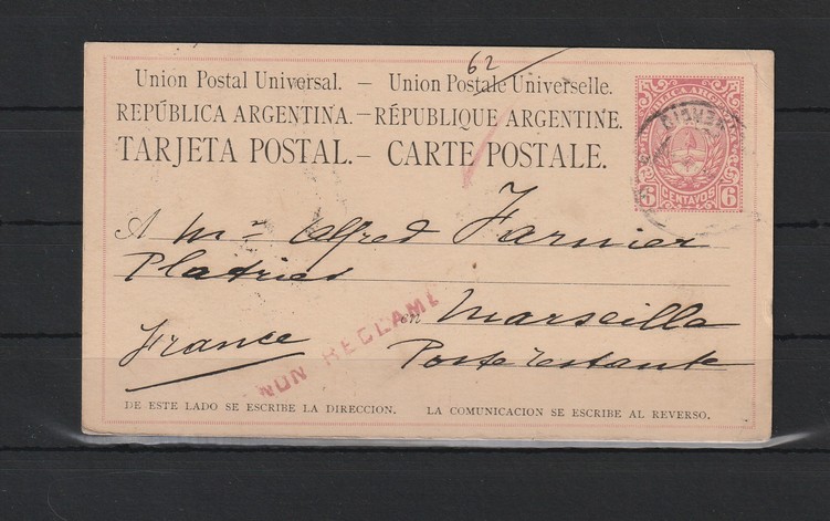 A233) Argentina vecchio intero andato a Marsiglia