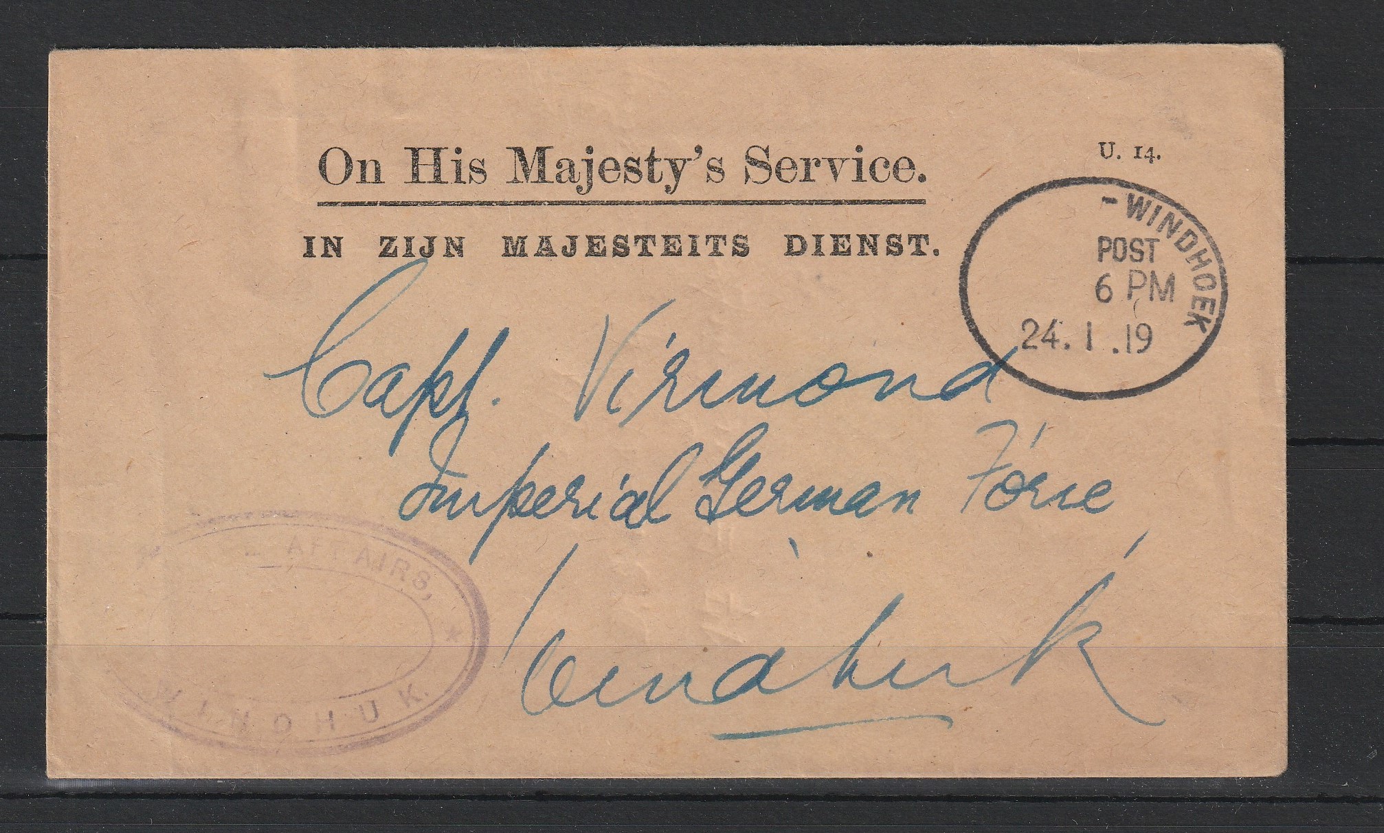 B578) Documento sudafricano eseguito 1919 timbro WINDHOEK Windhuk