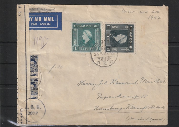 X495) Olanda-India ricevuta raccomandata censura ad Amburgo